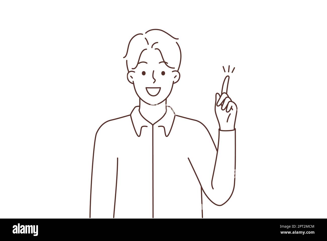 Smiling man raise finger up find problem solution. Happy motivated male ...
