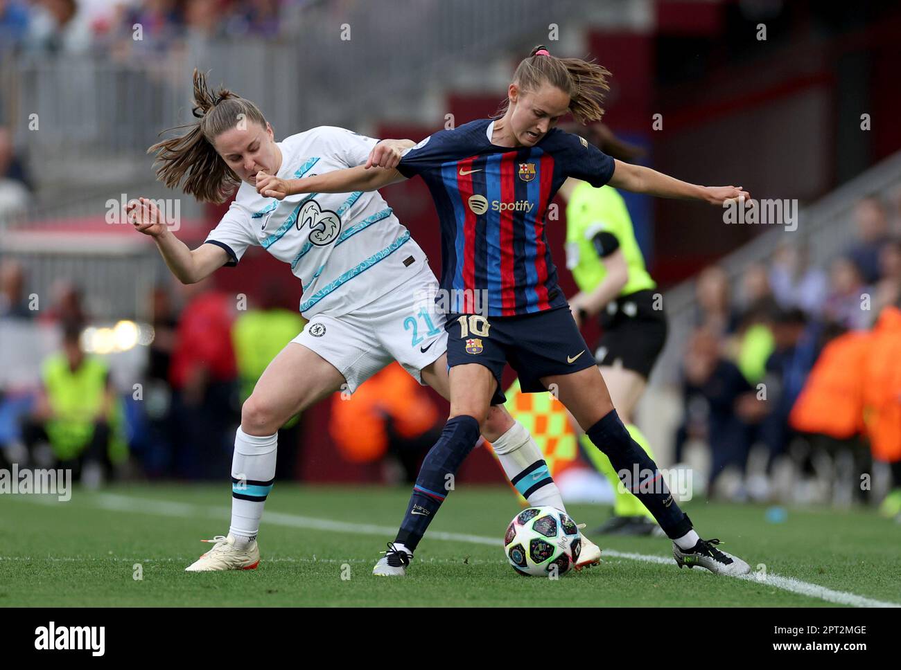 Chelsea's Niamh Charles (left) and Barcelona's Caroline Graham Hansen ...