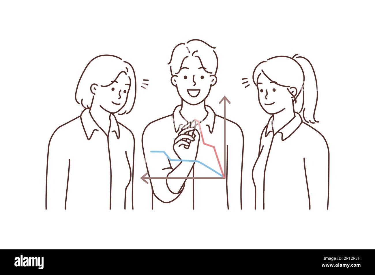 Smiling motivated businesspeople work on financial graph together ...