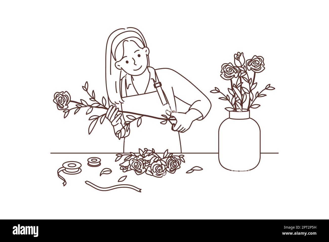 Female florist working with flowers in workshop. Happy woman gardener ...