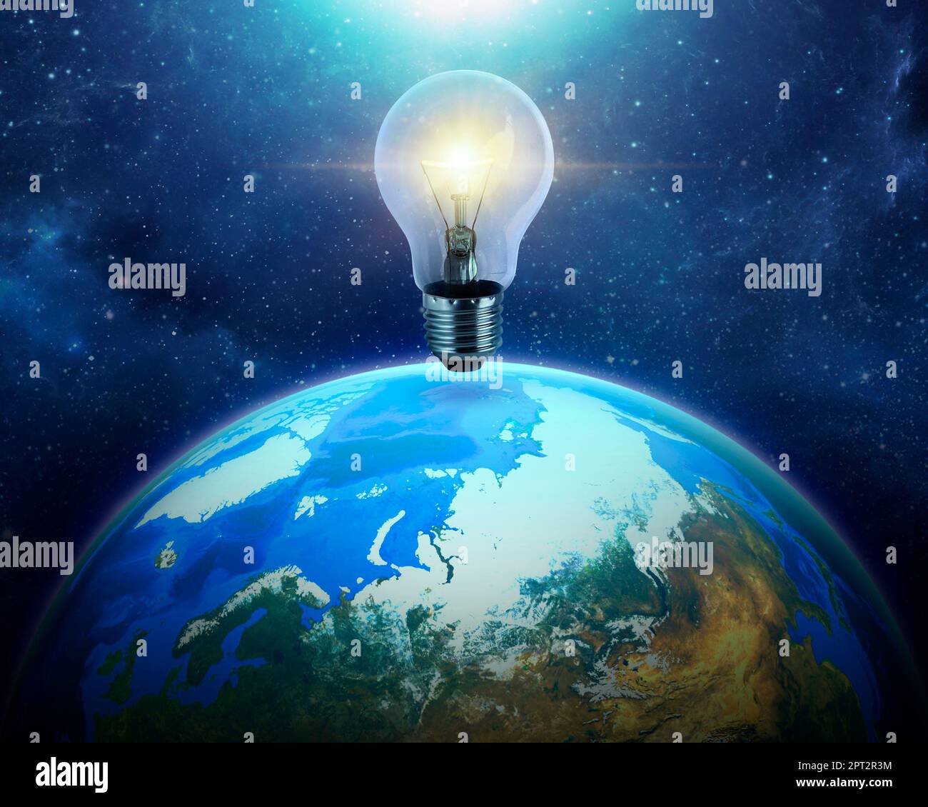 glowing light bulb. blue earth in space colorful solar system. Self ...
