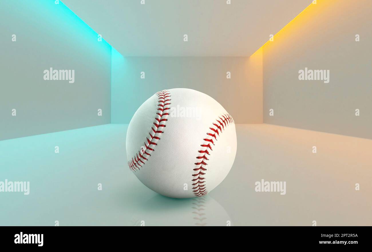 View of softball with white background blue and yellow neon lights are ...