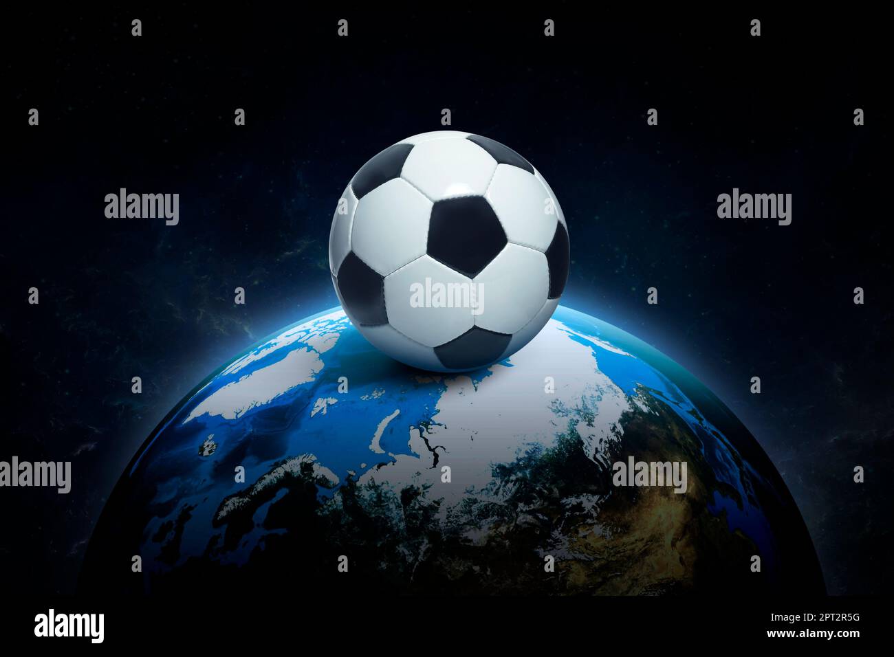 Soccer ball on, night world in outer space abstract wallpaper. 3d ...