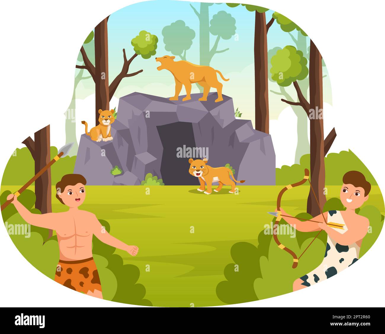 Prehistoric Stone Age Tribes Hunting Large Animals with Weapon in Flat ...