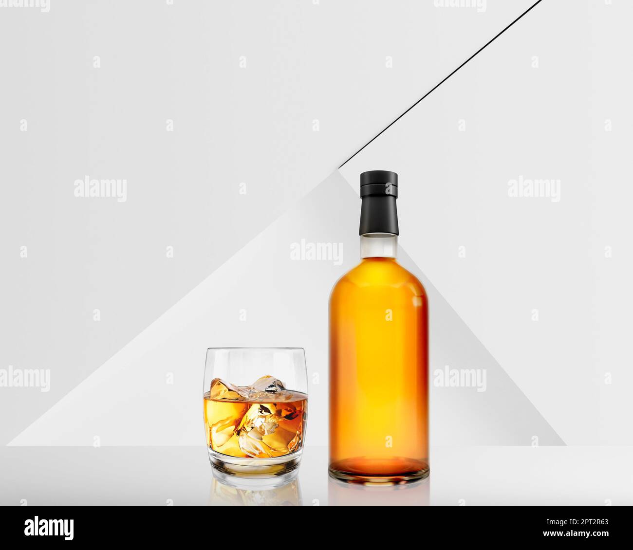 Whisky bottle with glass on room Interior white. 3d render Stock Photo ...