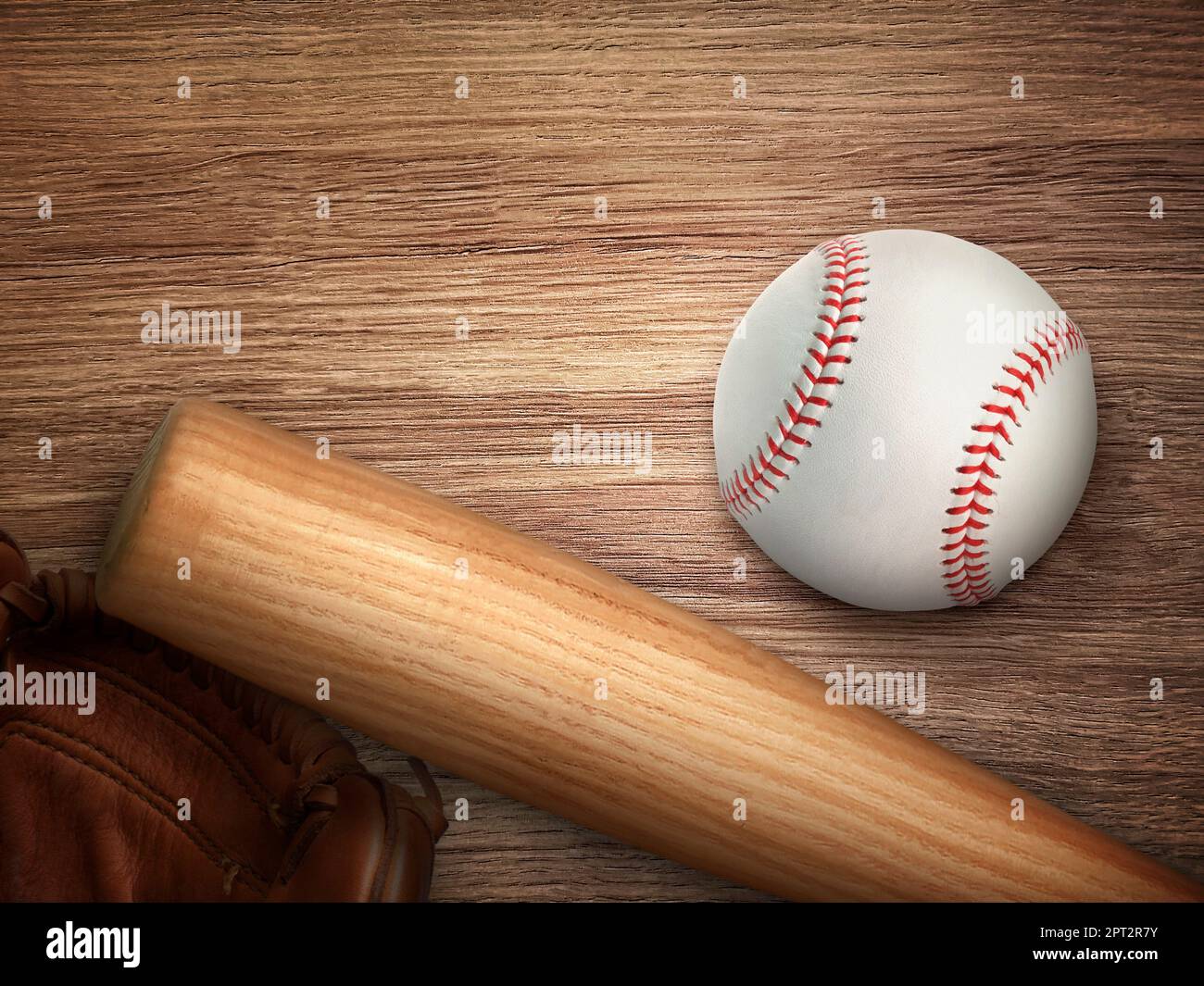 Baseball bat, glove and ball on wooden floor. Sport theme background ...