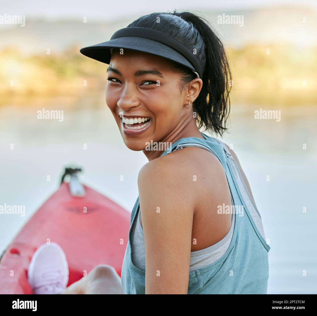 Kayak, nature and happy black woman relax on the water, boat and ...