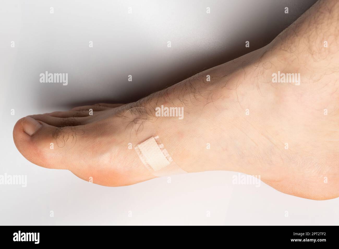 Injured foot with band aid applied isolated on studio background Stock ...