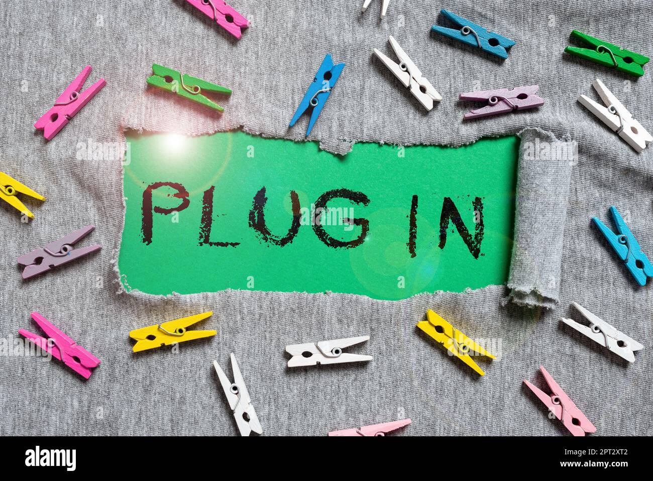 Text caption presenting Plug In, Concept meaning putting device into ...