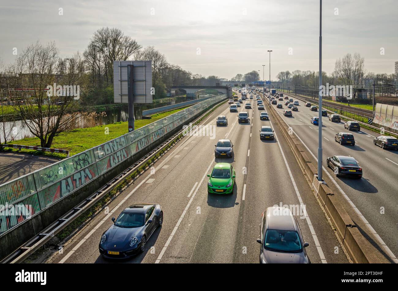 Rotterdam, The Netherlands, April 5, 2023: view from a viaduct towards ...