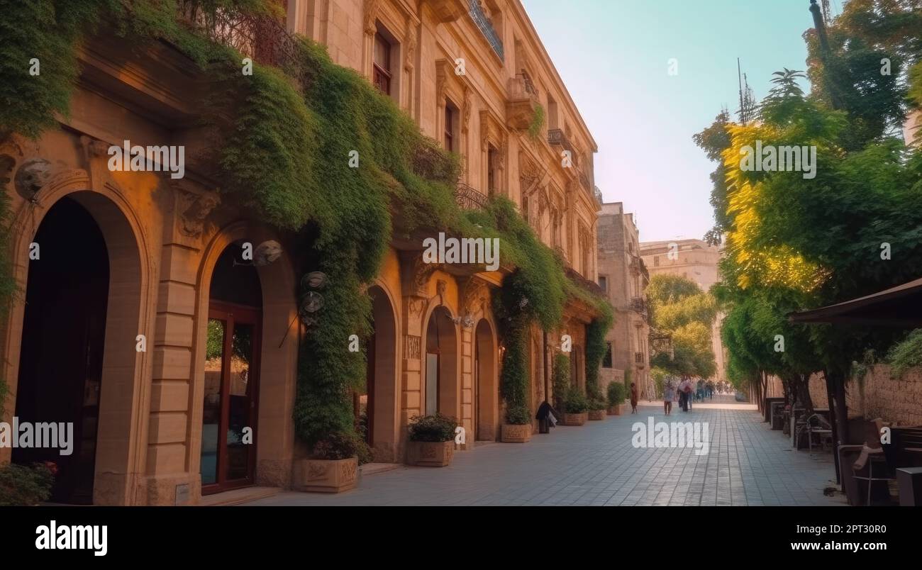 View of a beautiful paved stone street with high-rise buildings of ...