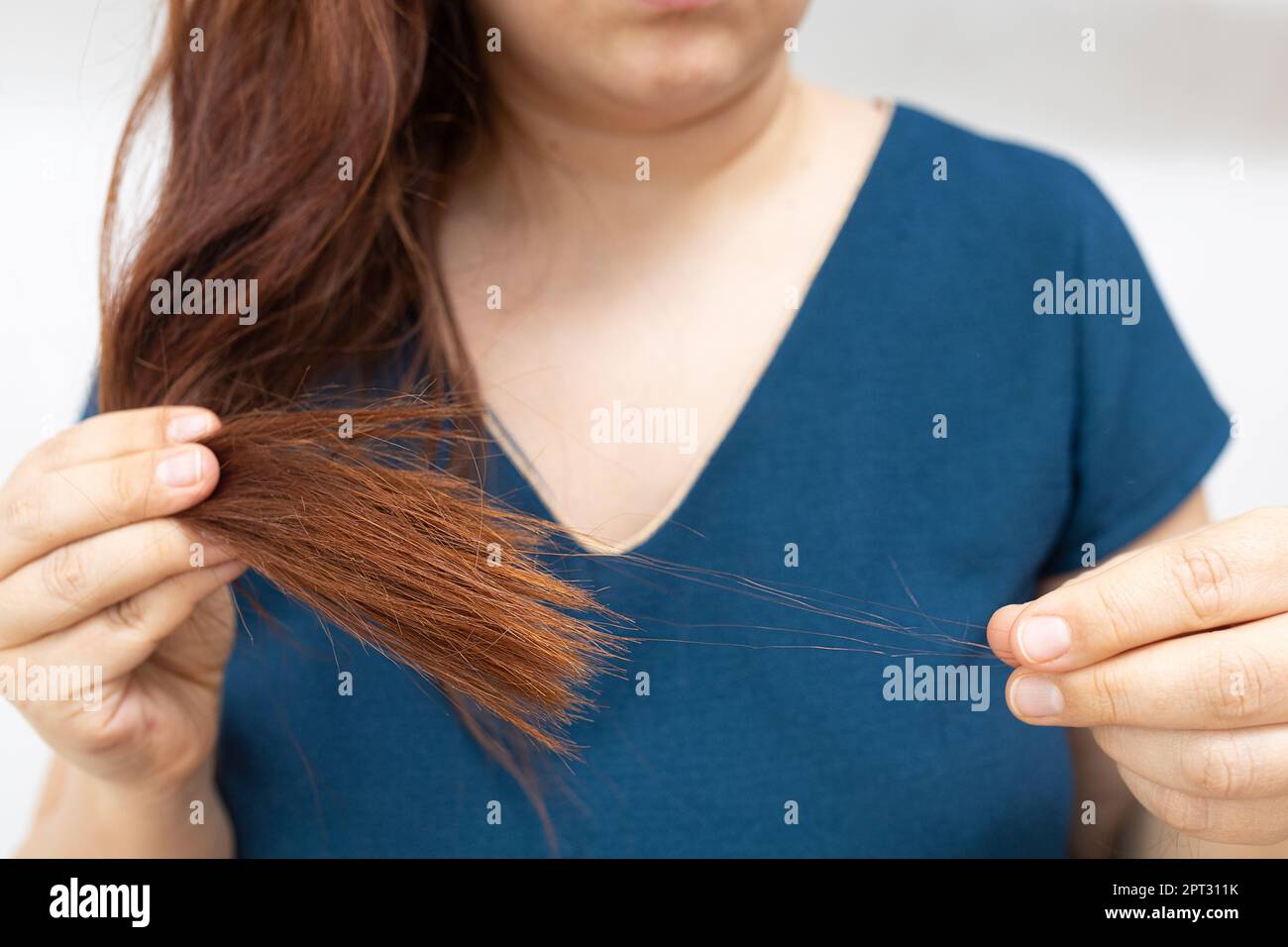 Unrecognizable long red haired woman in blue shirt hold bundle of hair ...