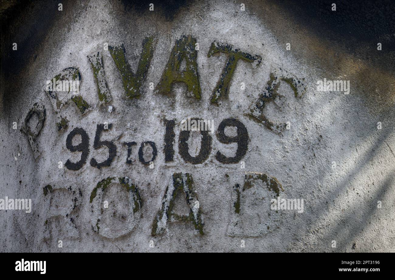 Private Road sign marked on a stone pillar by Orme Square, Bayswater ...