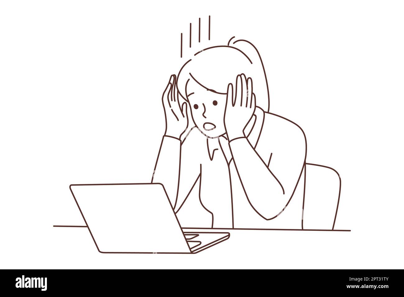 Frustrated woman look at computer screen shocked by unexpected news or ...