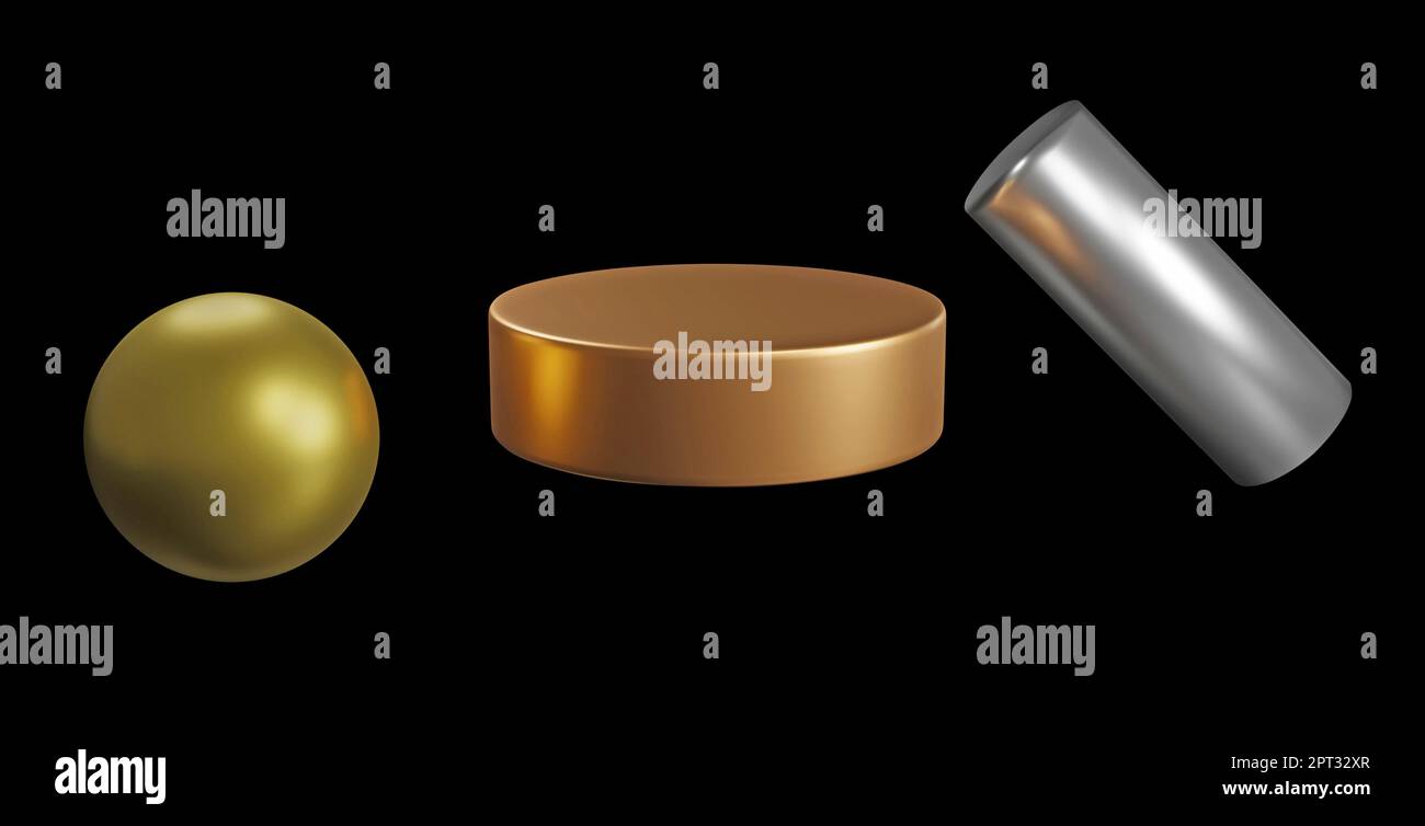 Set of 3d render realistic primitives on black background. Isolated graphic elements- for trendy ...