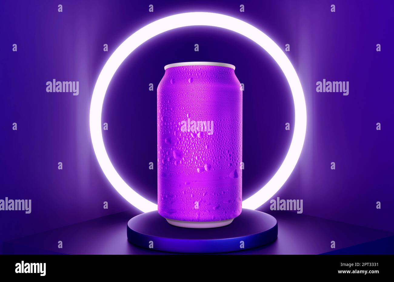 Aluminum purple can on background dark purple and shimmering neon and ...