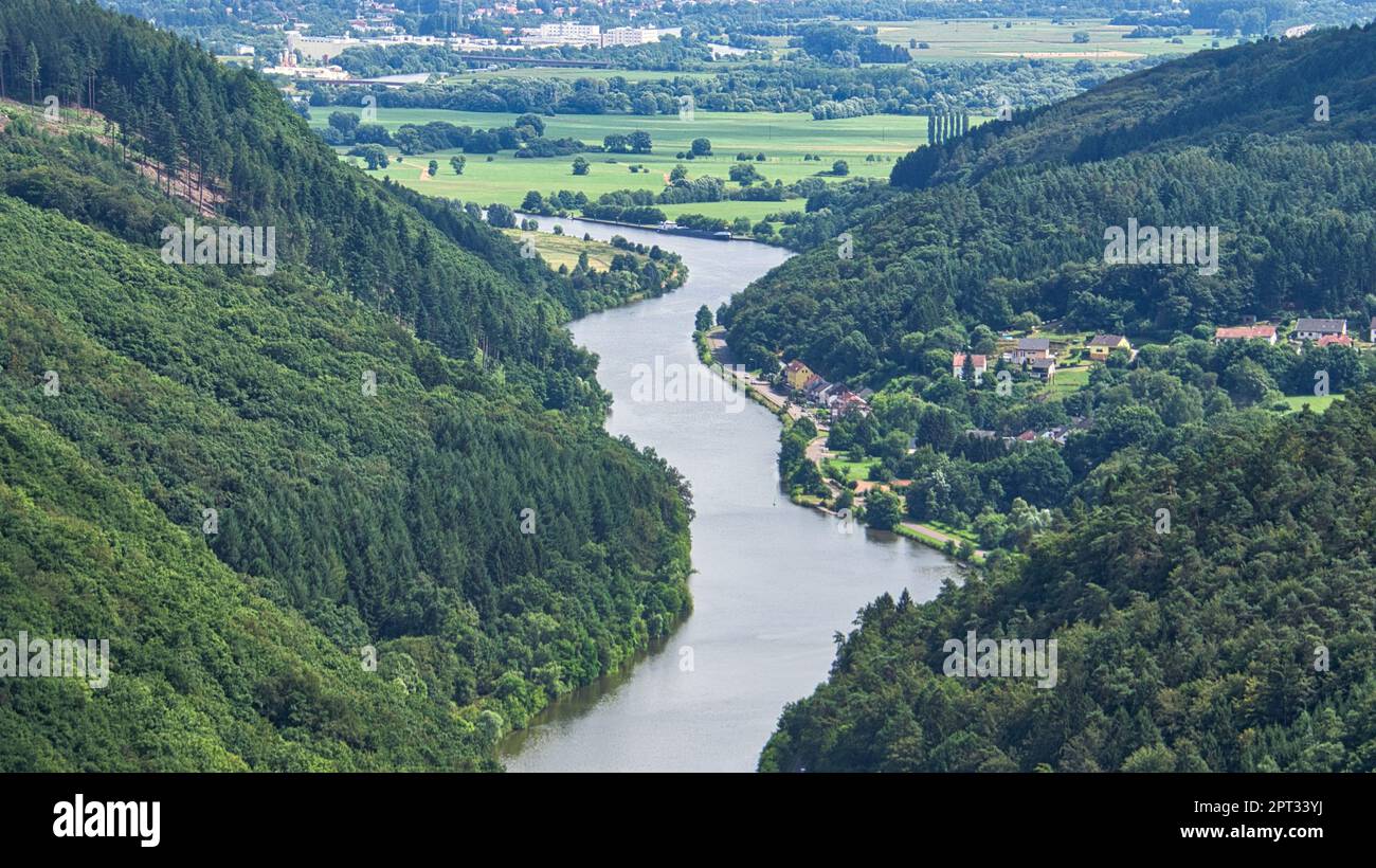 Saarschleife view from tree top walk tower. A lookout tower in Saarland ...