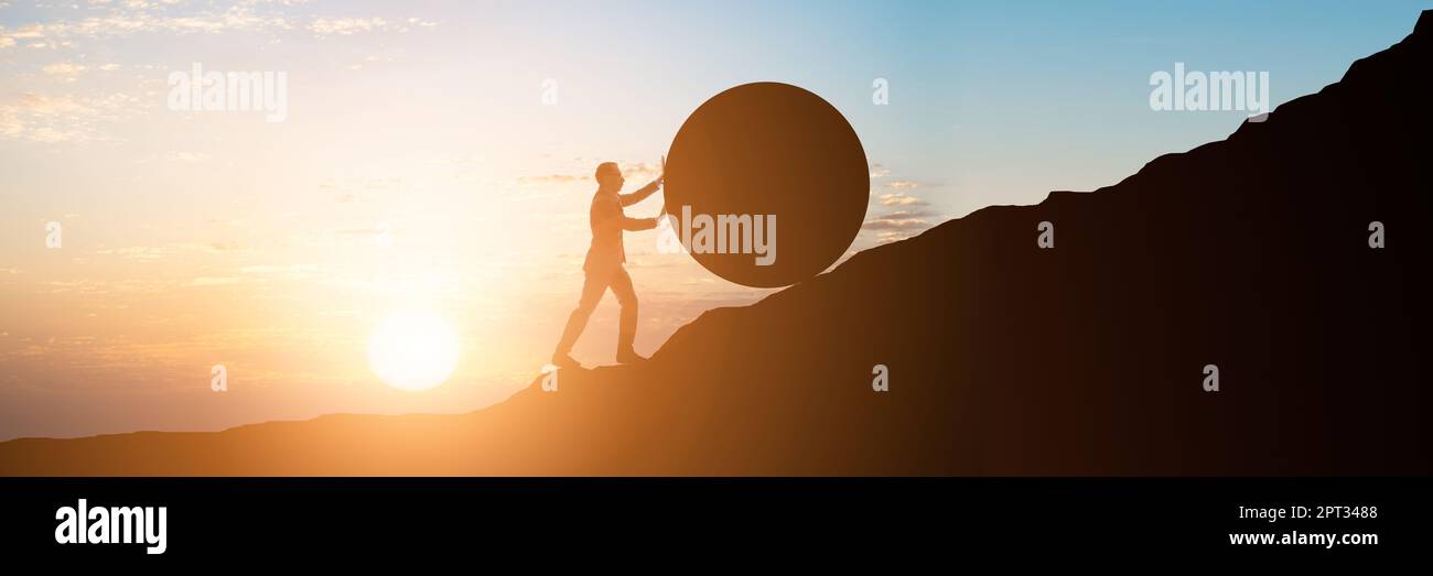 Vision And Future Concept. Business Employee Rolling Ball Up Hill Stock ...