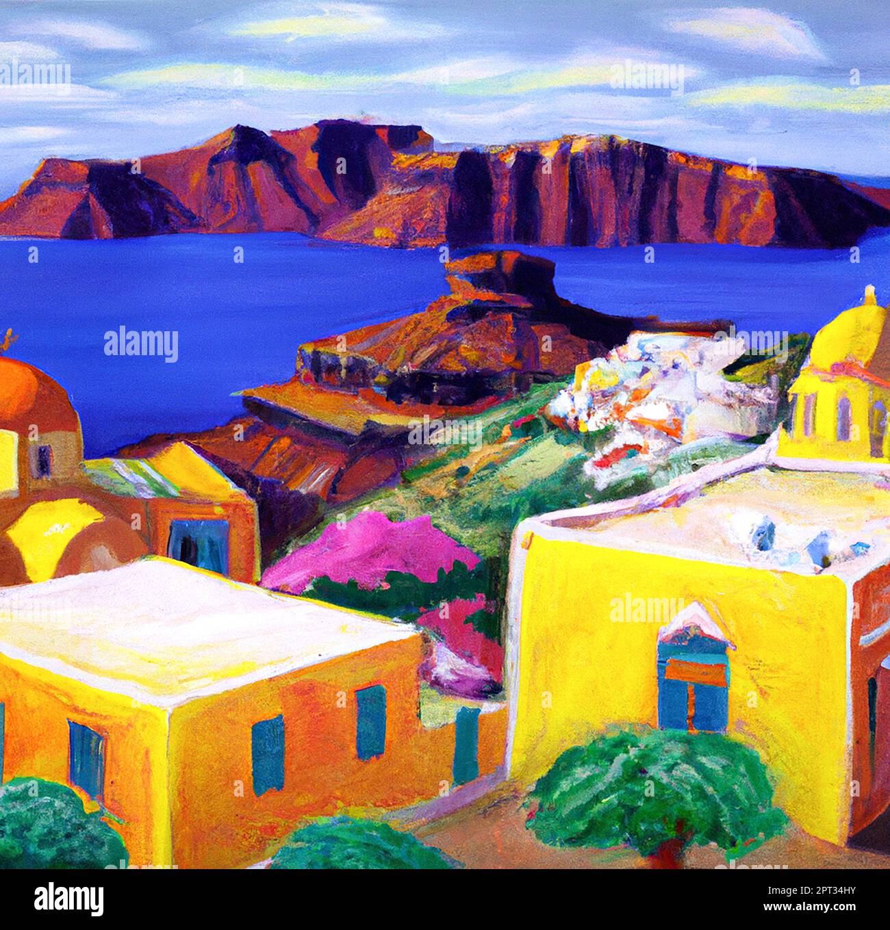 Drawing painting of the island of Santorini, Greece. Santorini ...