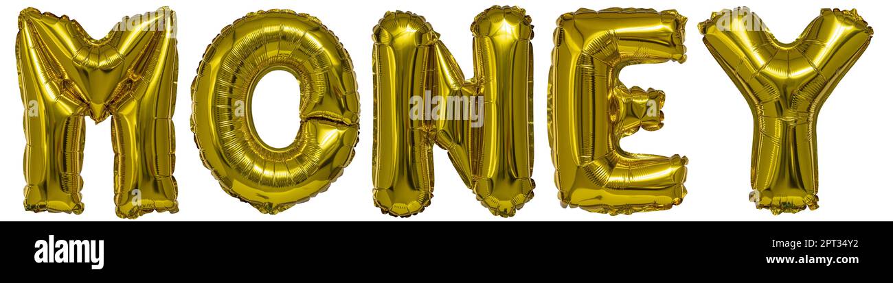 money written with gold metallic balloons isolated on white Stock Photo ...