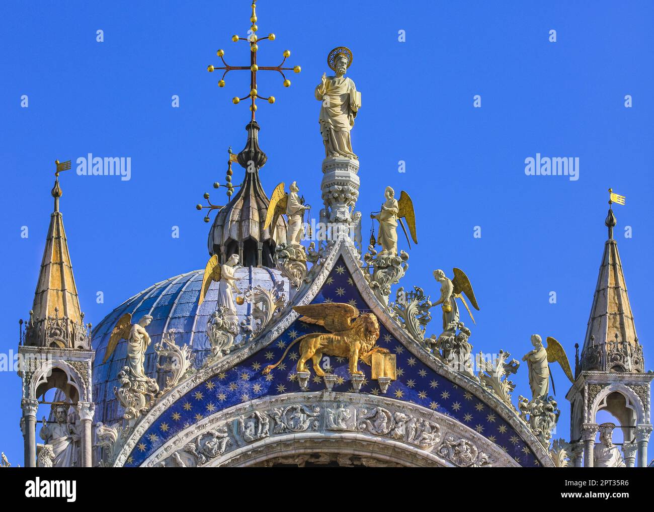 St Mark's Basilica Venice, detail of facade decorations with statues ...