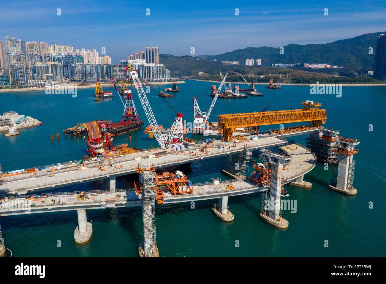 Tseung Kwan O, Hong Kong 21 December 2020: Cross harbor bridge under ...