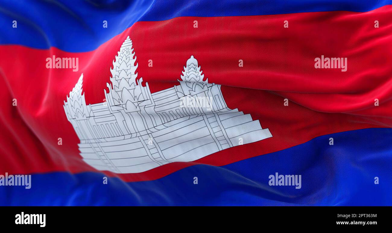 Close-up view of the Cambodia national flag waving in the wind. The ...