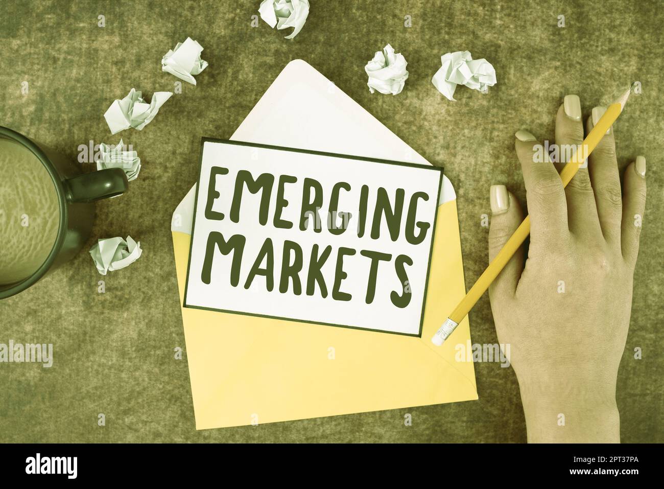 Sign displaying Emerging Markets, Business approach nations that are ...