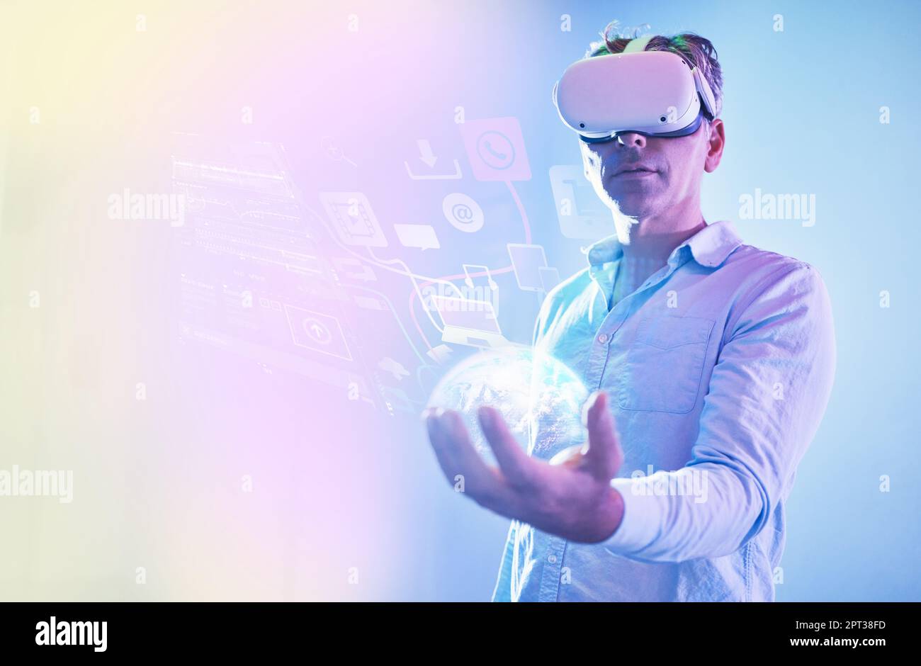 VR, man and global media, networking and metaverse data, world digital ...