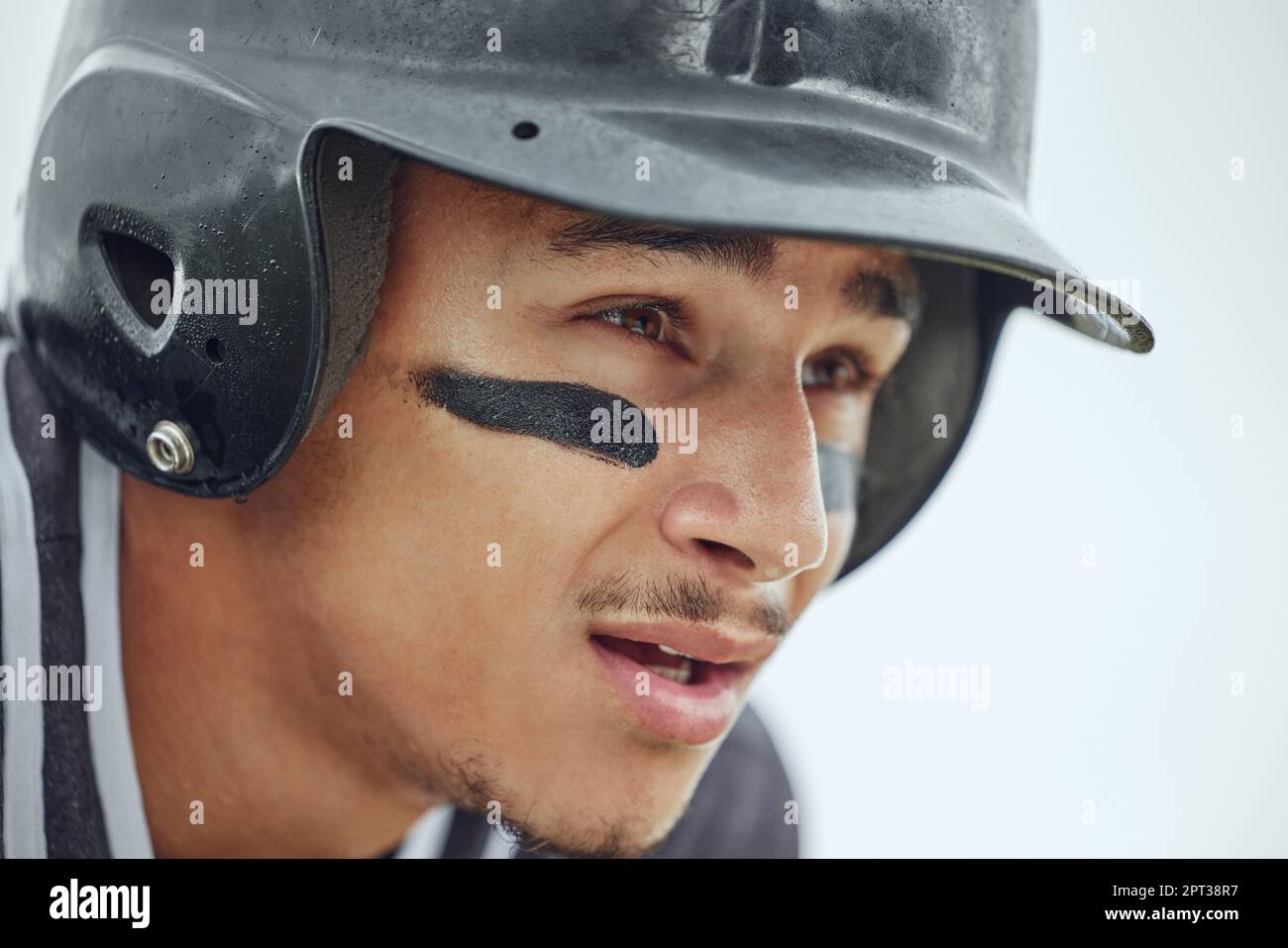 Face, sweating or tired baseball player in fitness, workout or training ...