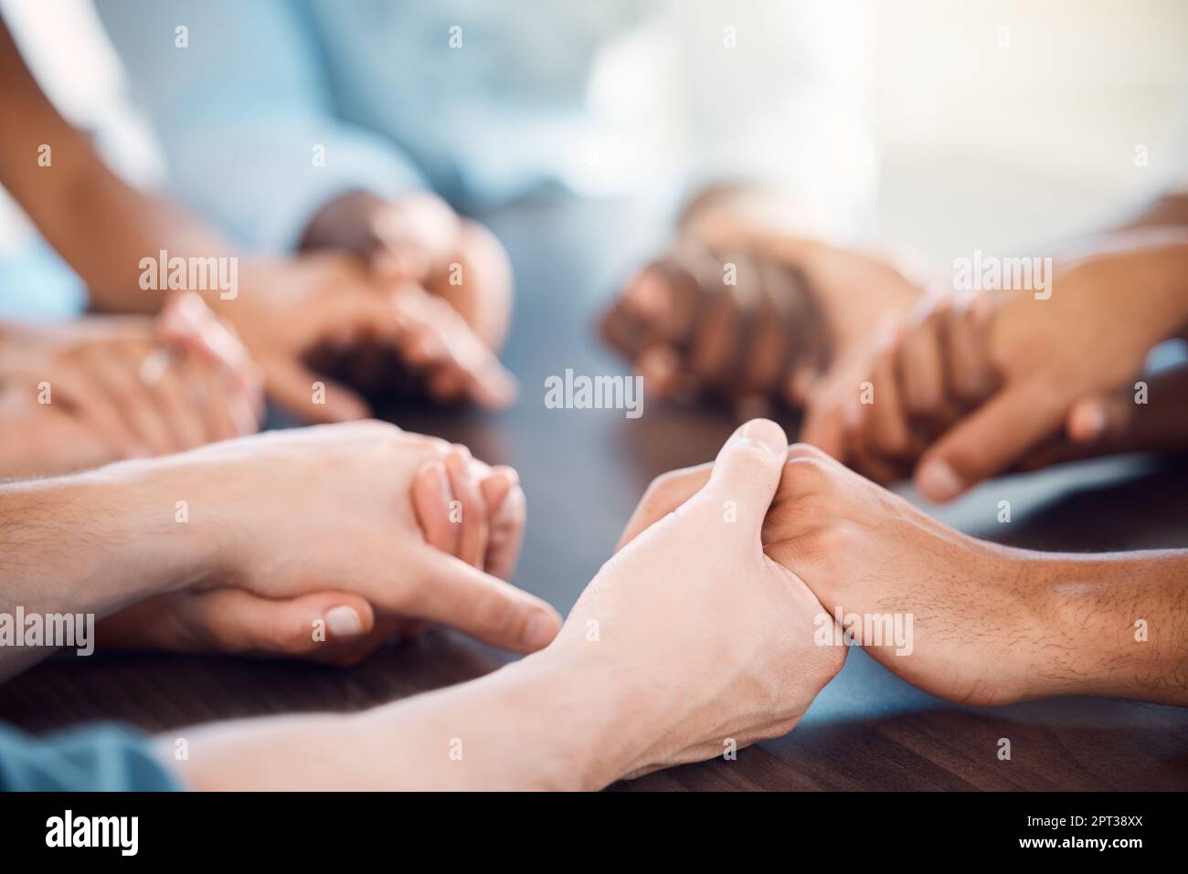 Mental health support, holding hands and group counseling, therapy ...