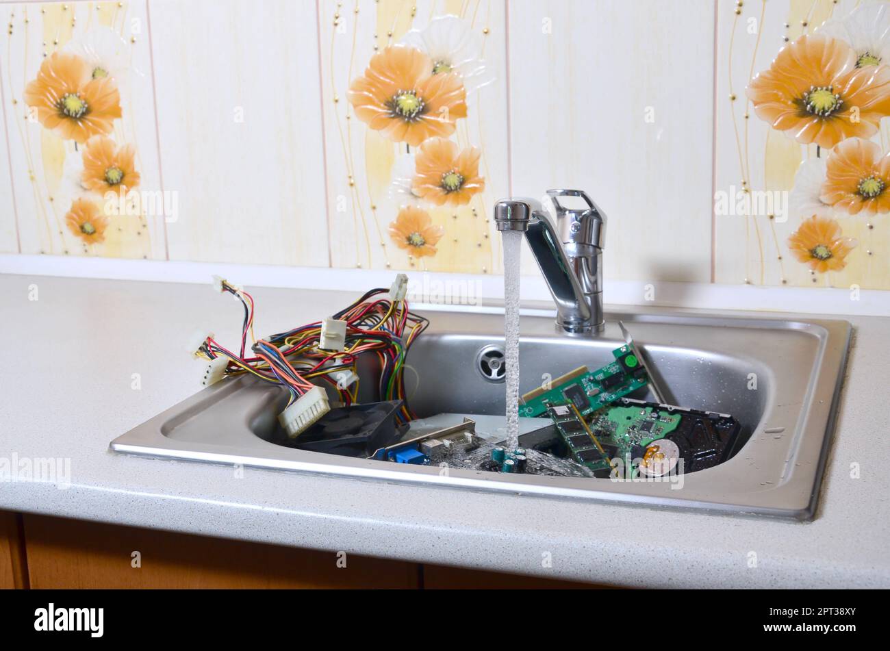 Personal computer cleaning metaphoric concept. Hardware in kitchen sink ...