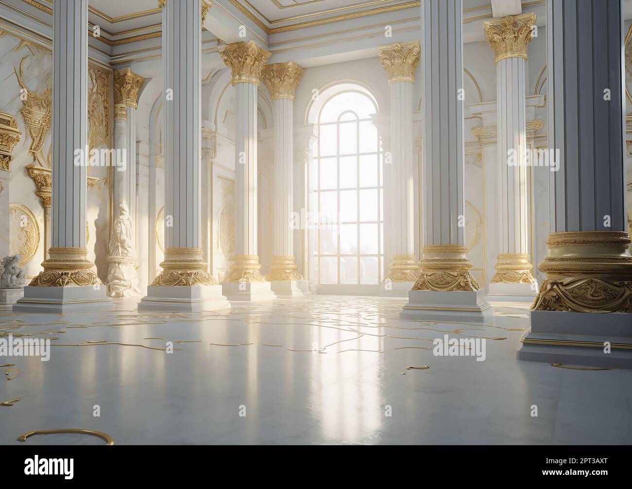 3d columns wallpaper. interior old palace. white and golden marble ...