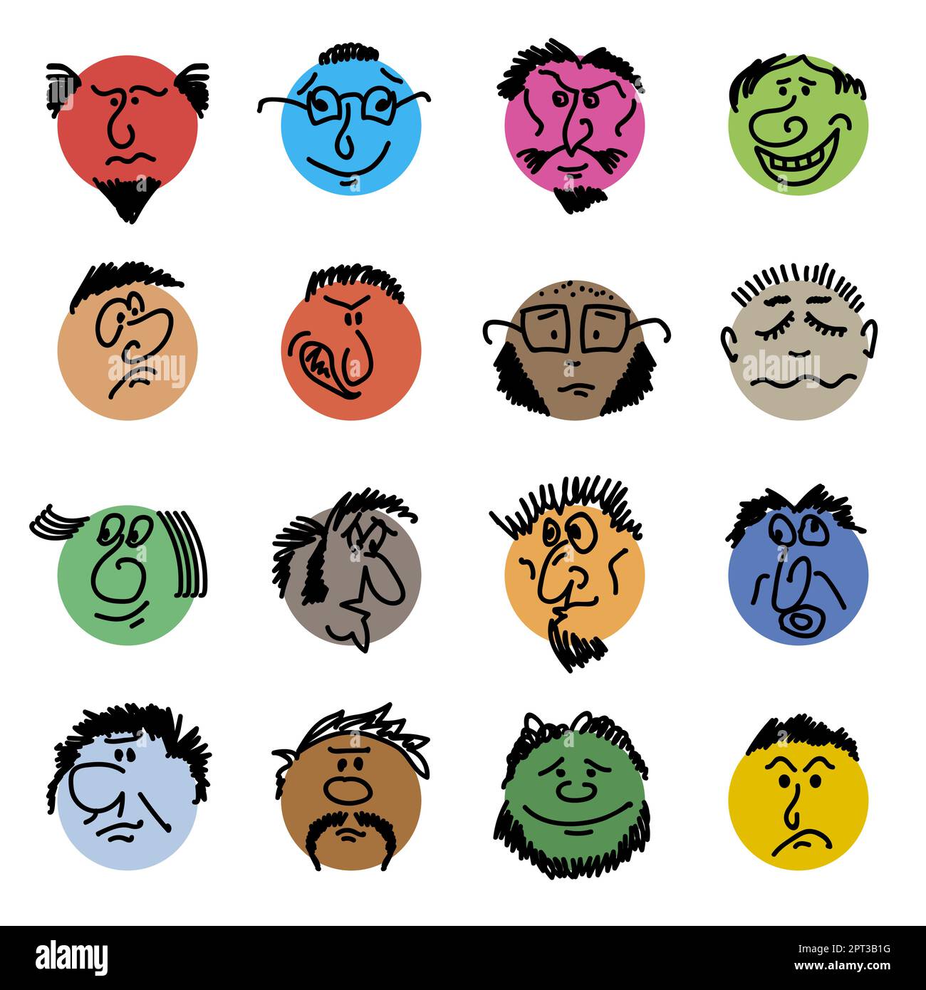 Colored doodle Heads. Round comic faces with various emotions. Crayon ...