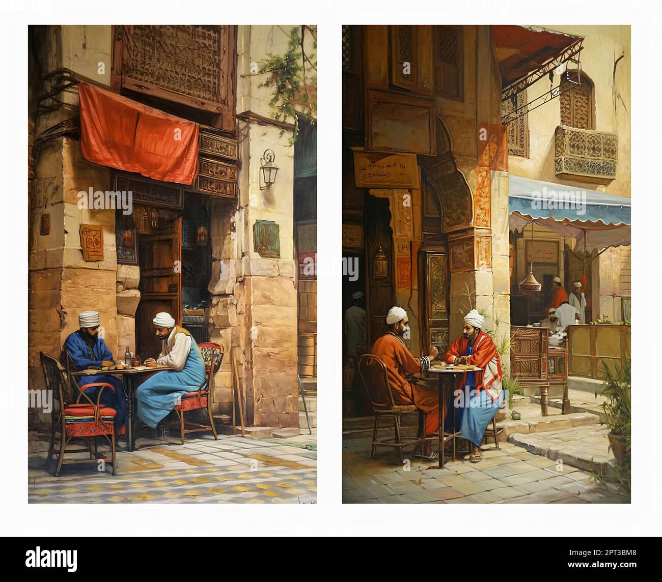 ollage of an ancient Arabic cafe building. Painting old Cairo wall ...