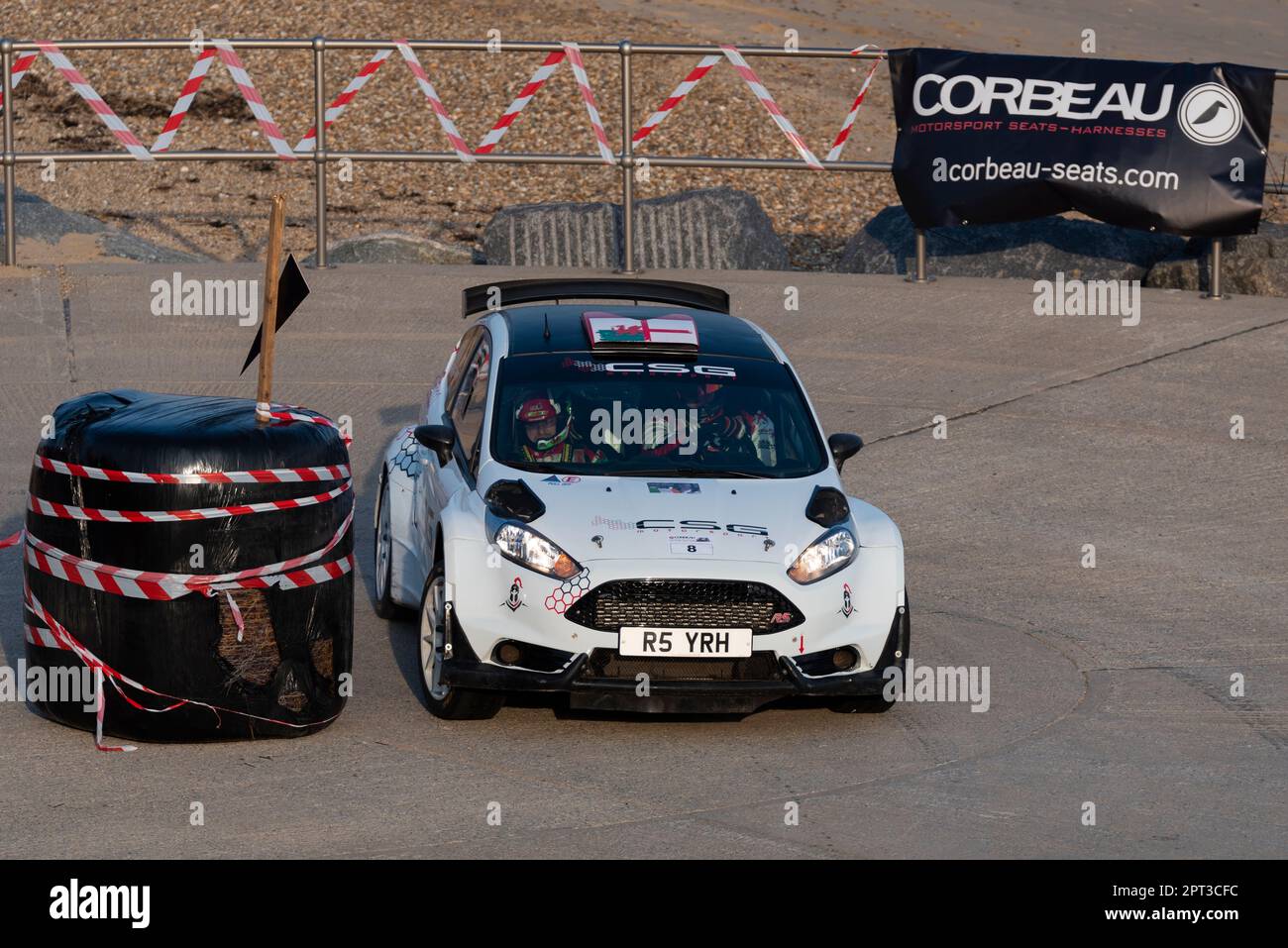 Rob Hughes racing a Ford Fiesta R5 competing in the Corbeau Seats rally ...