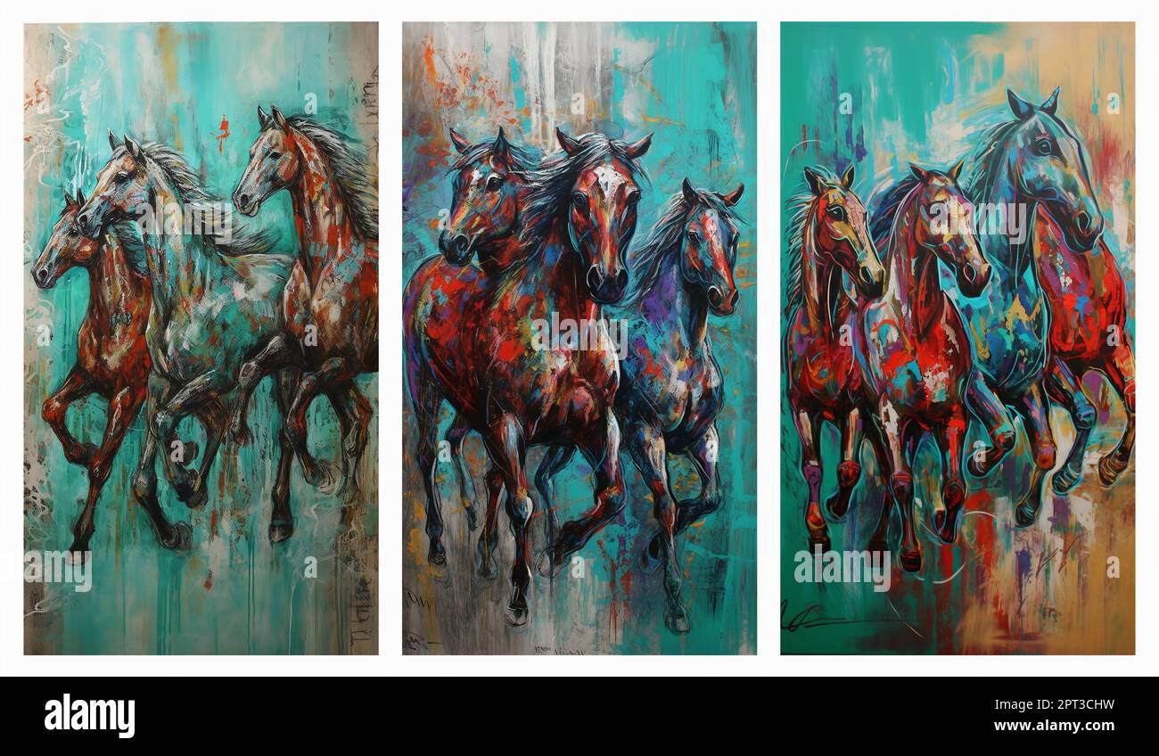 watercolor painting horses. Colorful drawing canvas wall art Stock ...