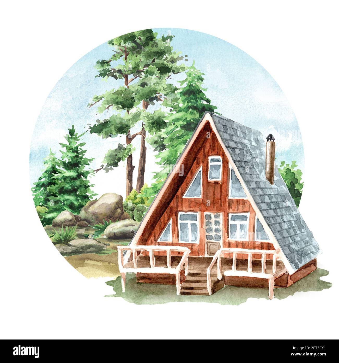 Cozy country cottage round emblem. Hand drawn watercolor illustration ...