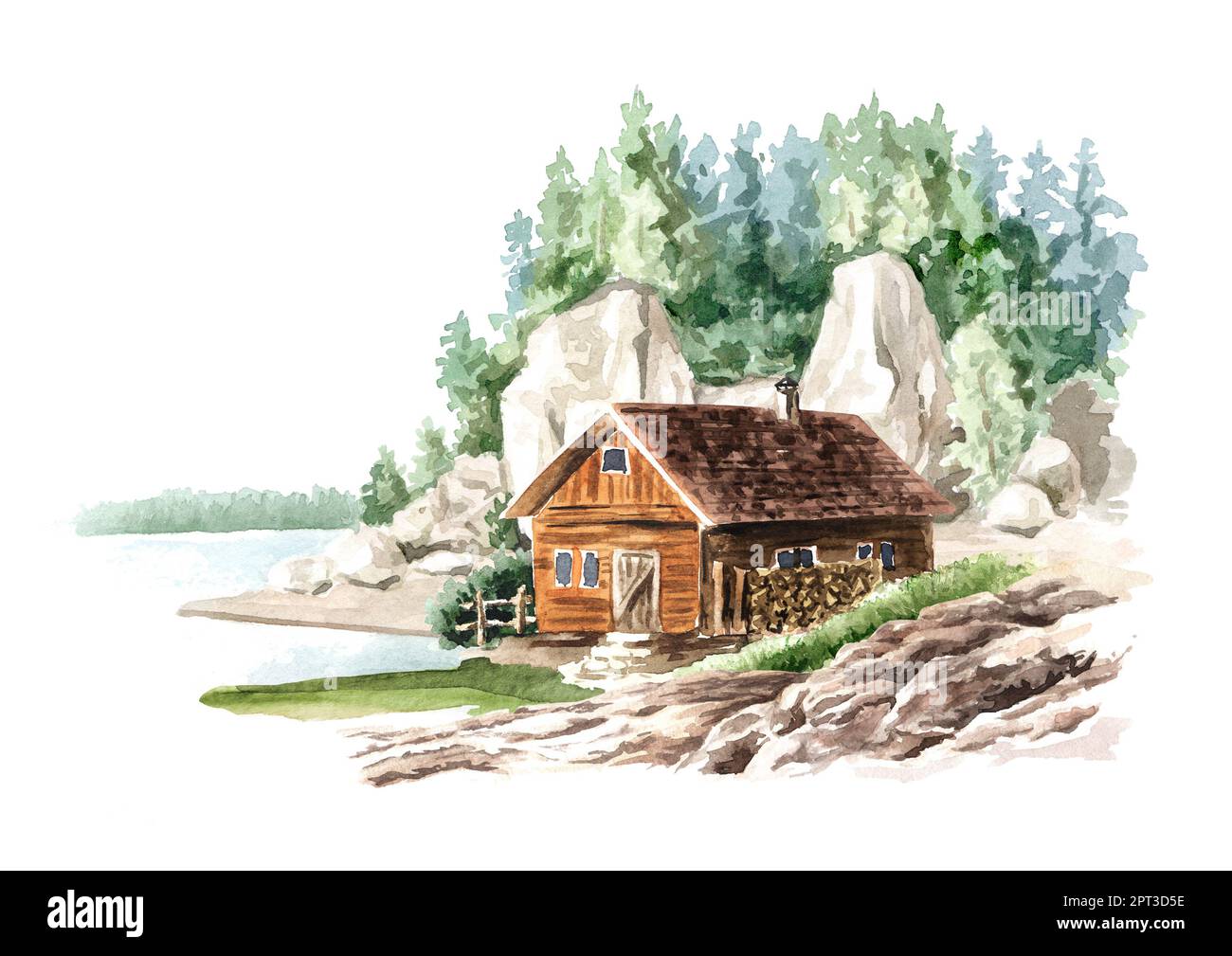 Cozy country house near the river and mountains. Hand drawn watercolor ...