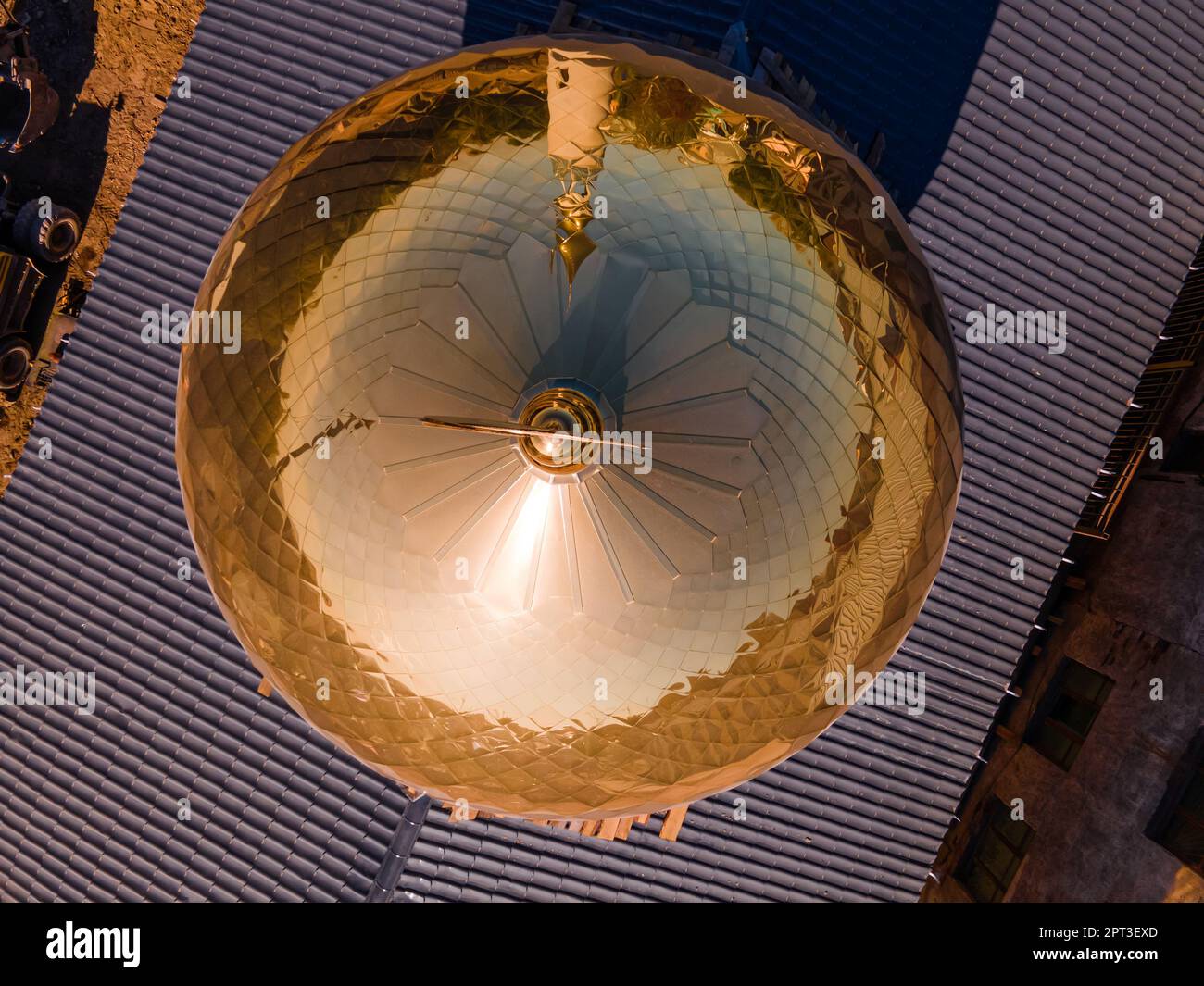 A Muslim golden dome with a crescent moon on the mosque. Minaret ...