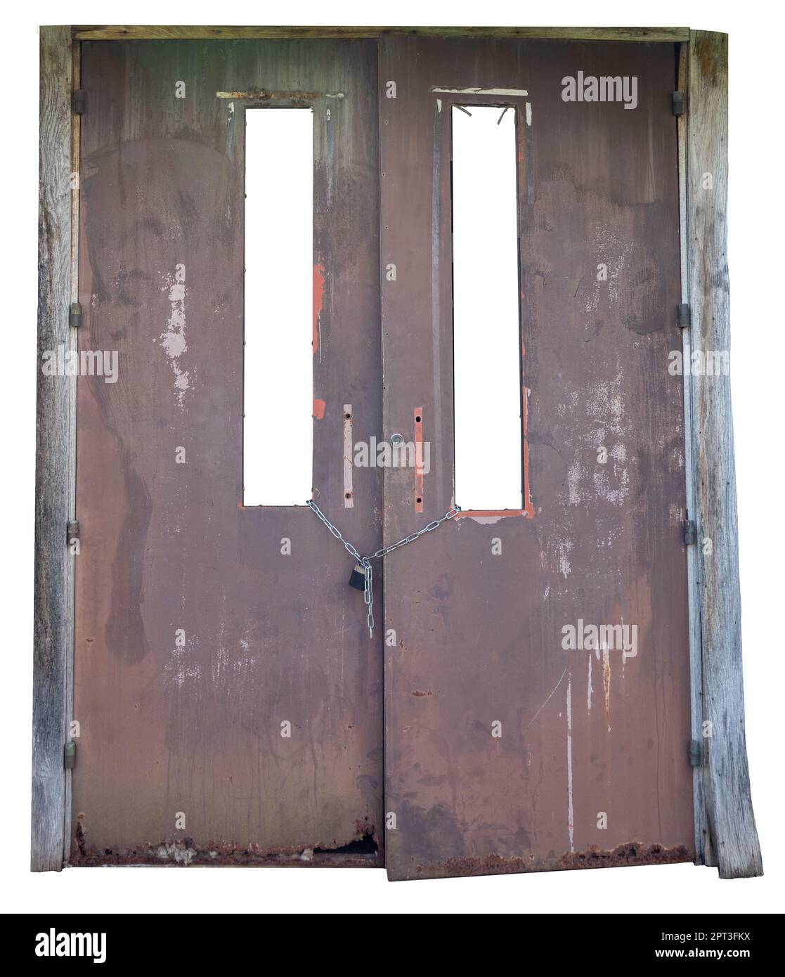Old rusty doors chained together isolated Stock Photo - Alamy