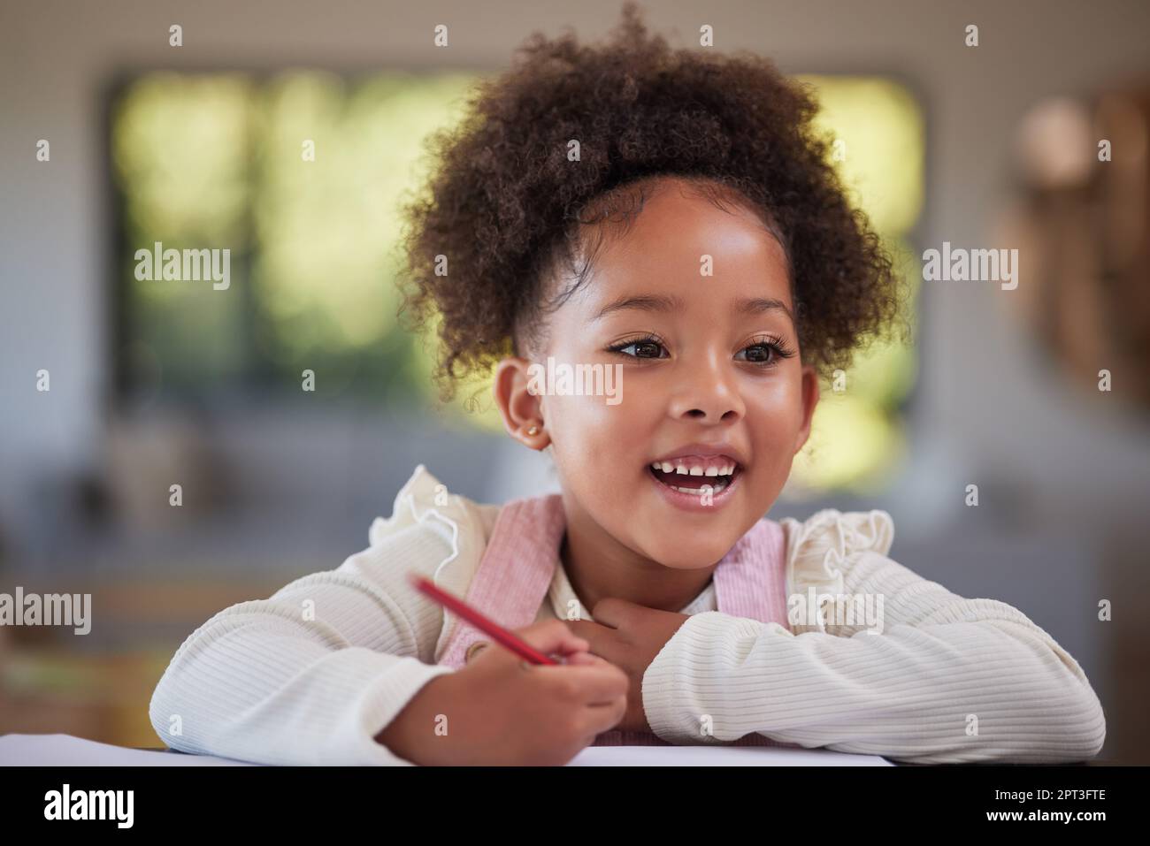 Child, learning and writing for education, homework and drawing with ...