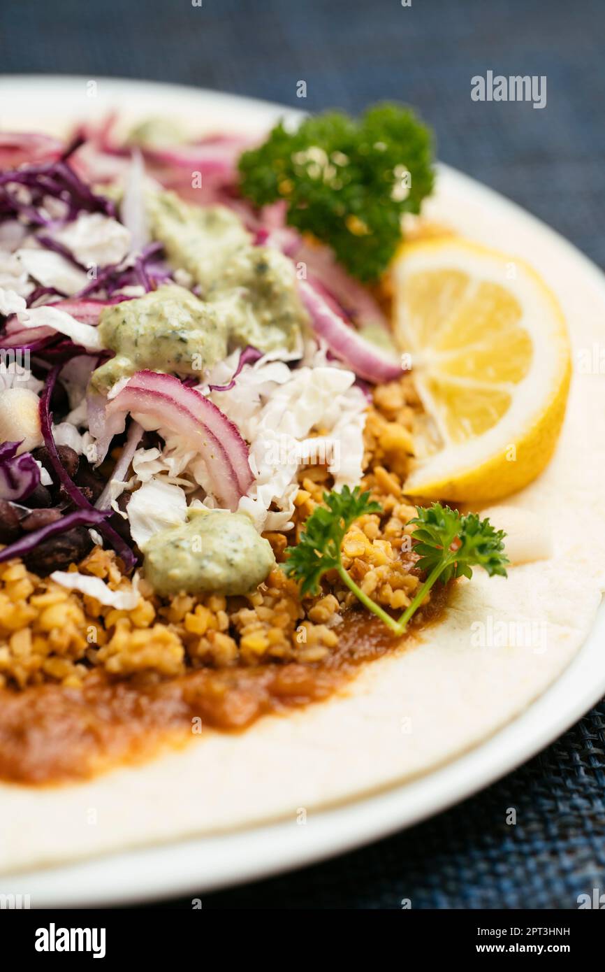 Tostadas with TVP granules, mixed cabbages, beans, onions and a rhubarb ...
