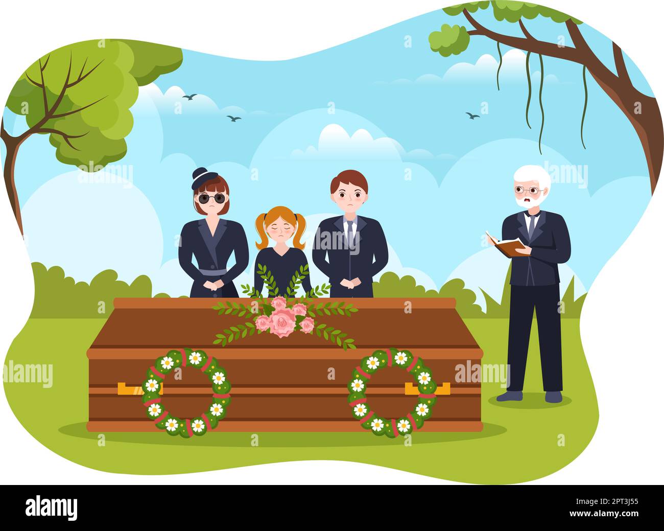 Funeral Ceremony in Grave of Sad People in Black Clothes Standing and ...