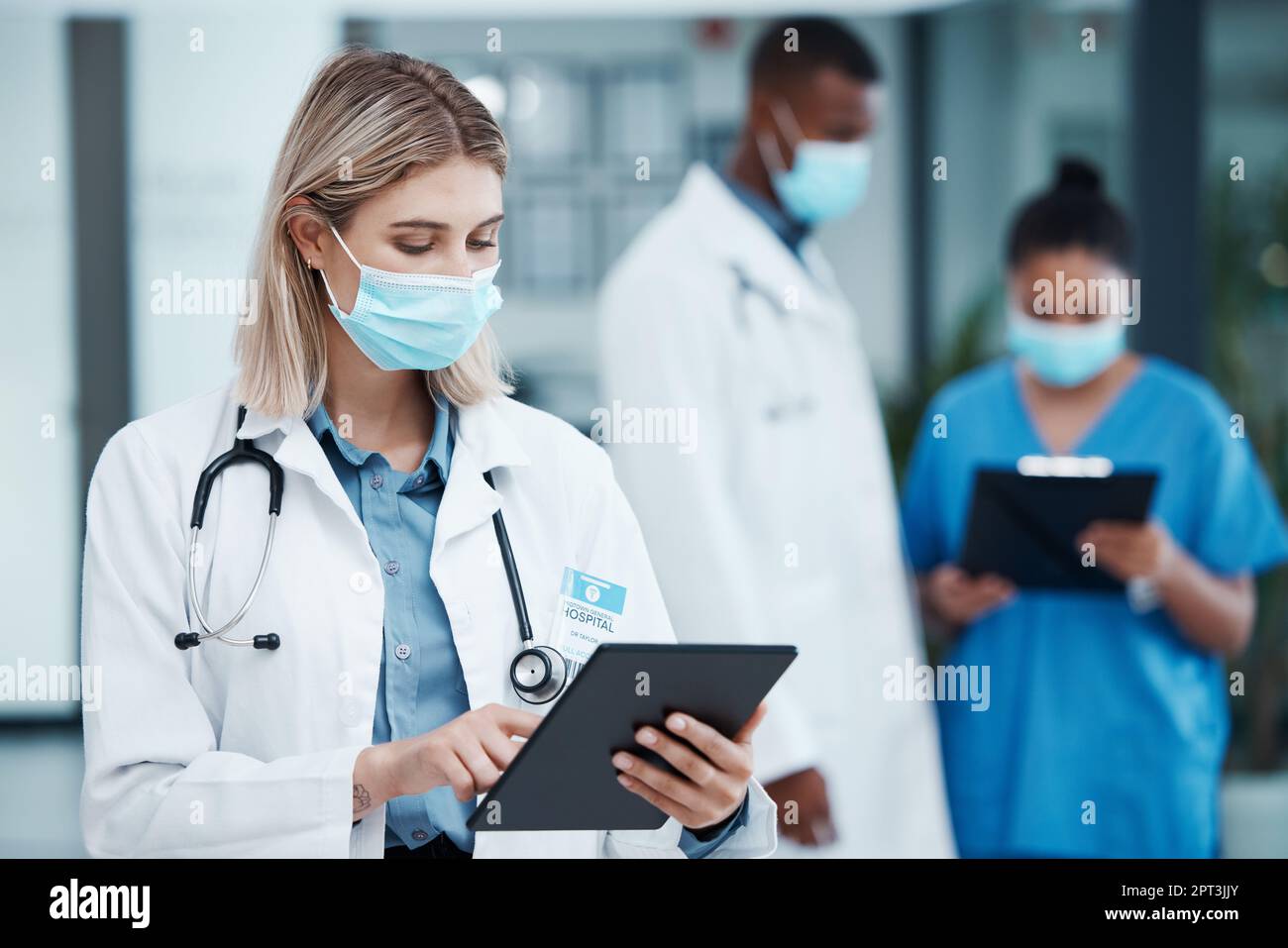 Covid, doctor woman and tablet for results, prevention and check on ...