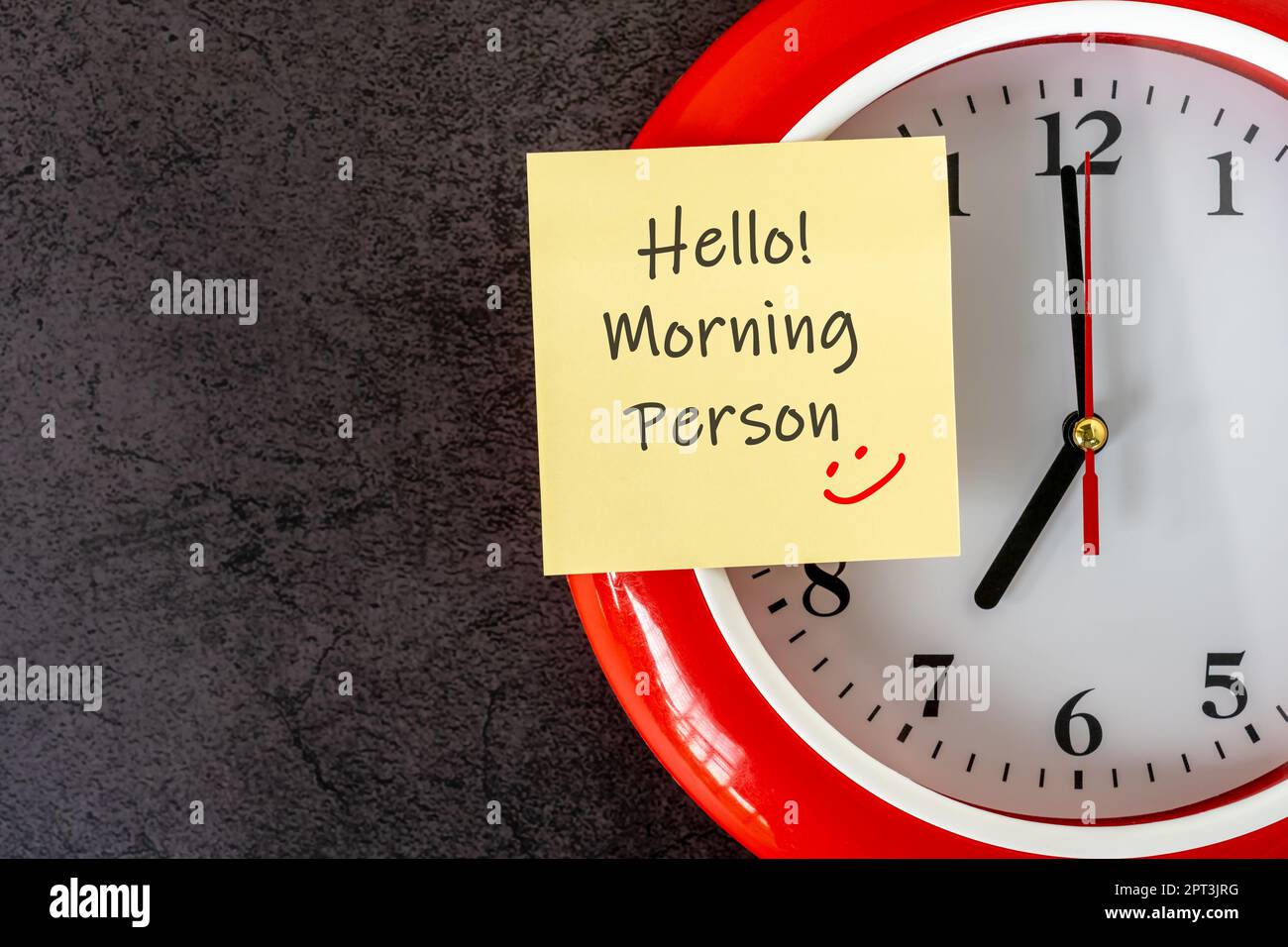 Clock and adhesive note with text and smiling icon - Hello Morning ...