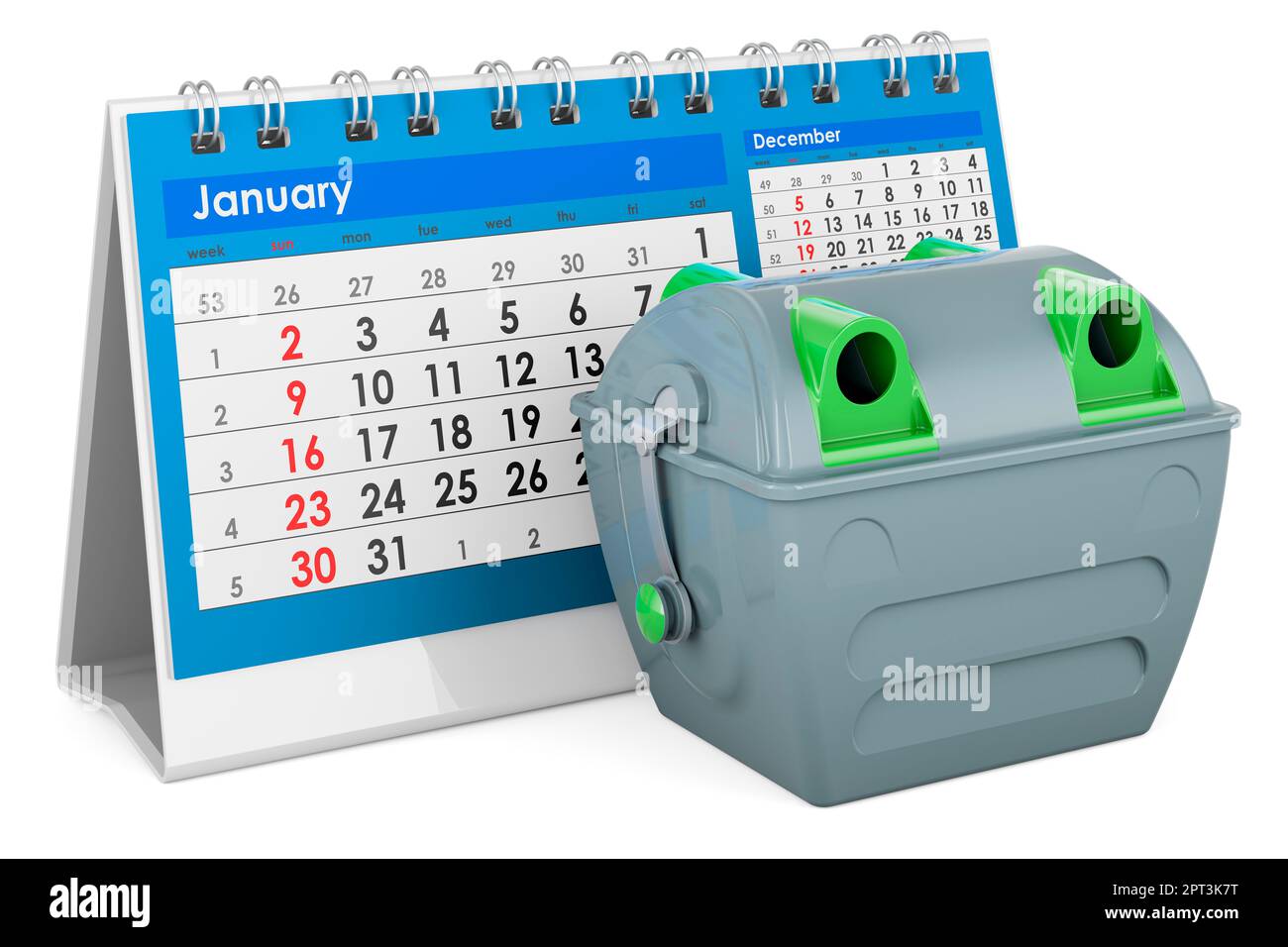 Gray garbage container with desk calendar. 3D rendering isolated on ...