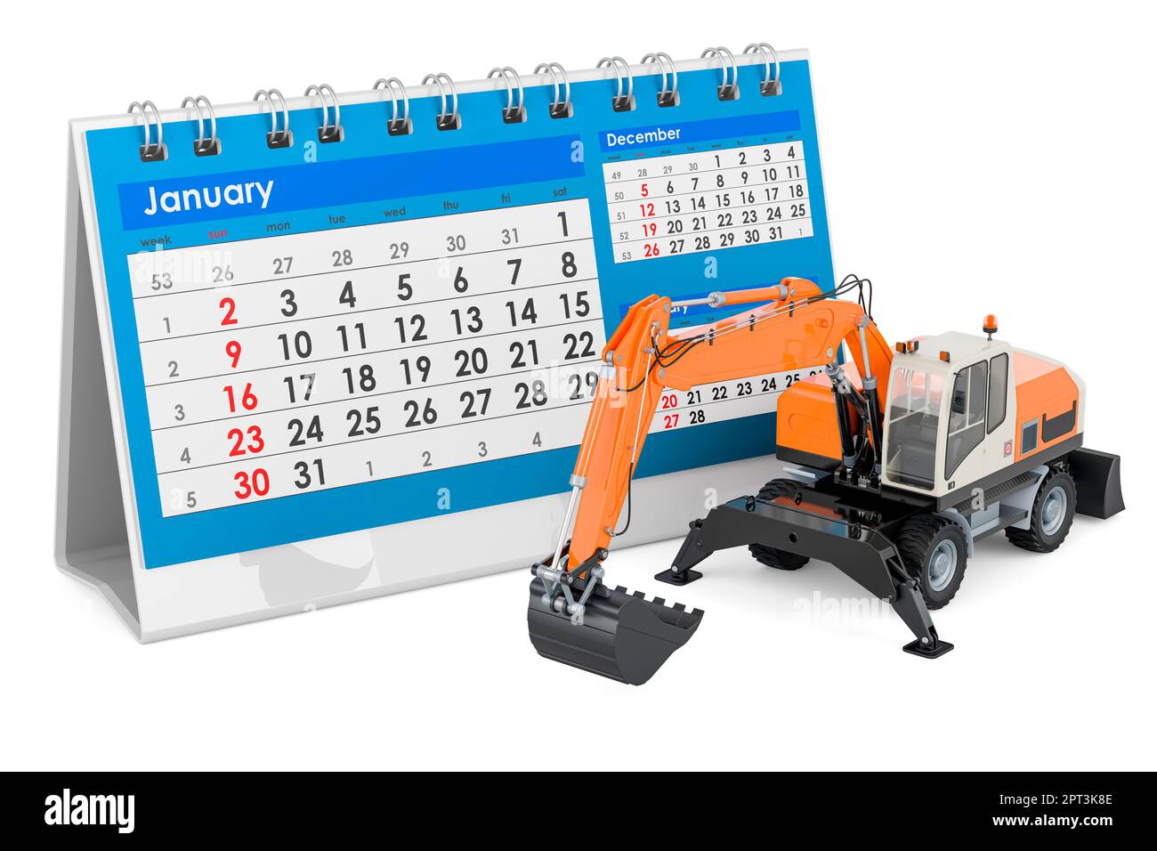 Excavator with desk calendar, 3D rendering isolated on white background ...