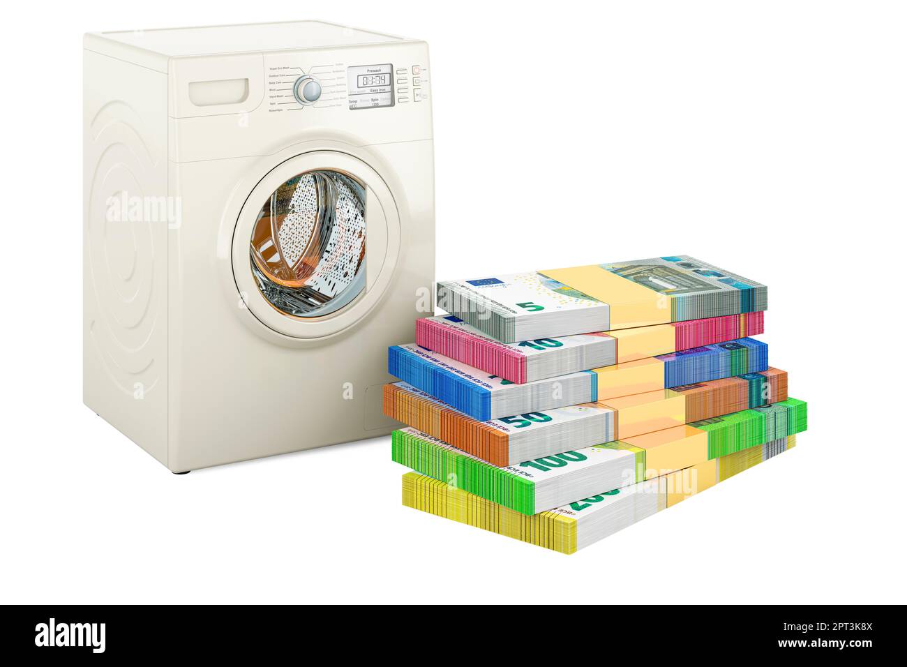 Washing machine with money, euro packs. 3D rendering isolated on white ...