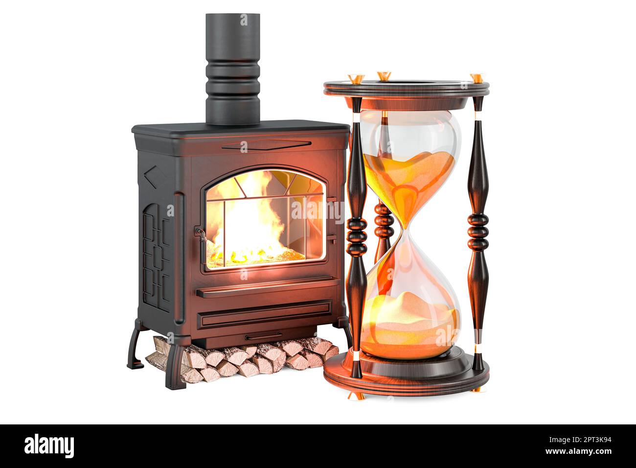 Potbelly stove, wood burner stove with sand hourglass, 3D rendering ...